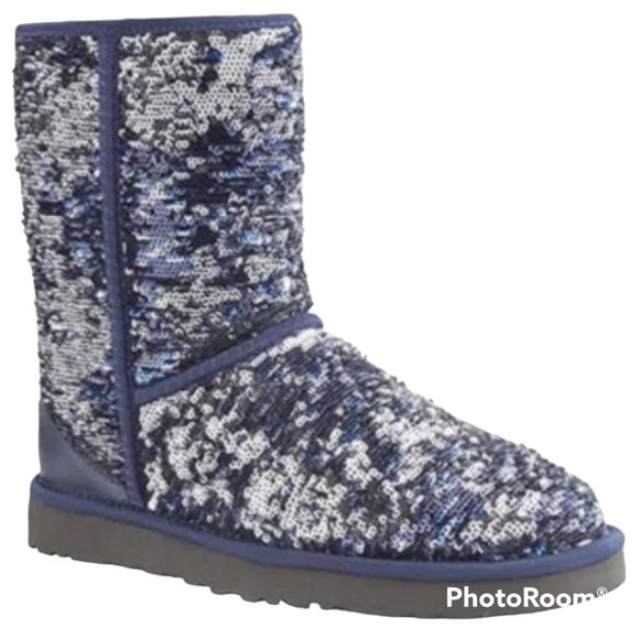 UGG | Shoes | Ugg Classic Short Blue Silver Sequin Boot Sequins Flip | Poshmark